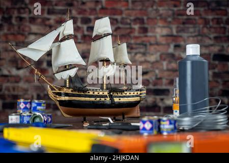 Model Ship Building handcraft on table with different materials Stock ...