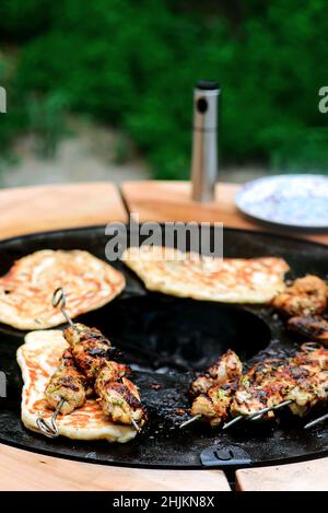 Grilled chicken shish tavuk and naan .style rustic.selective focus ...