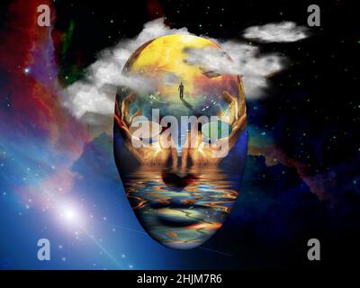 Mask with the image of seashore. Colorful universe on background. 3D ...