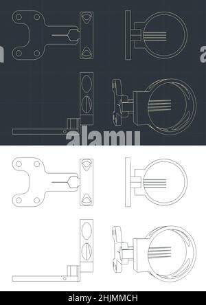 Stylized vector illustrations of blueprints of a compound hunting bow ...