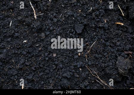 Dark fertile soil texture close up with natural organic ground and ...
