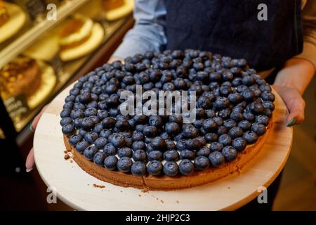 Freshly baked individual sized blueberry pie on vintage plate with ...