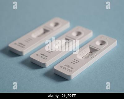 Three positive COVID-19 antigen, lateral flow, self tests. White tests ...