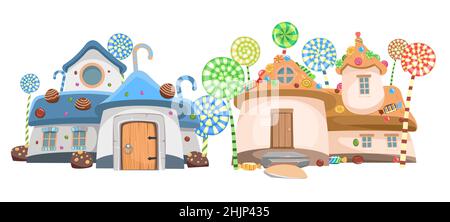 Cartoon fantasy candy houses and fairy tale sweet castles. Dreamland ...