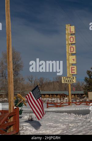 USA flag in a snow covered forest, vertical Stock Photo - Alamy