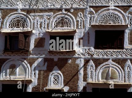 Window in a traditional Yemeni house in the Old City, Sana'a, Yemen ...