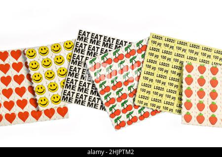 A selection of lsd acid trips, Blotting paper impregnated with the drug L.S.D.- Lysergic acid ...