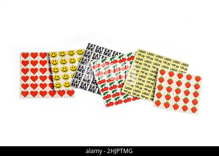 A selection of lsd acid trips, Blotting paper impregnated with the drug L.S.D.- Lysergic acid ...