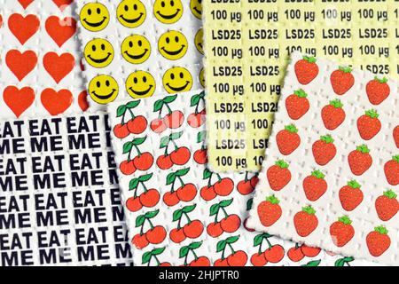 A selection of lsd acid trips, Blotting paper impregnated with the drug ...