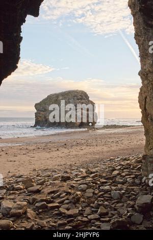 Marsden Rock is a 90ft high limestone sea stack stadning just off the ...