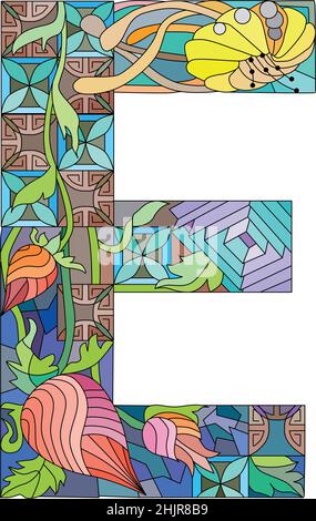 Zentangle stylized alphabet - letter E. Black white hand drawn doodle ...