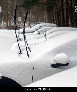 Cars with their windshield wipers up to prevent icing during a snow ...