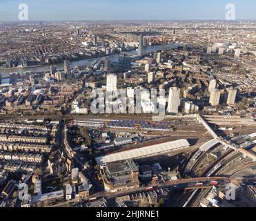 An aerial view of Clapham Junction railway station in London. One of ...