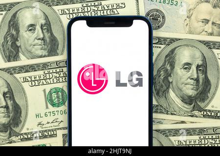 Kharkov, Ukraine - January 28, 2021: LG Electronics logo on green stock ...