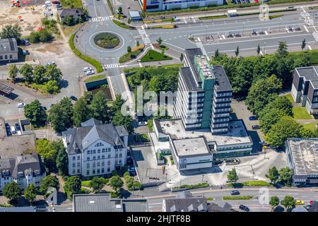 Aerial view, Olpe town hall and archives, Olpe city, Olpe, Sauerland ...