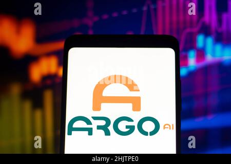 In this photo illustration, the Argo AI LLC logo is seen displayed on a ...