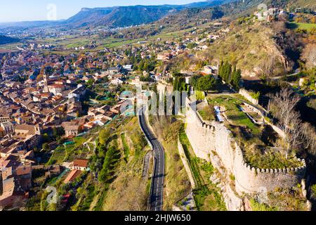 Aerial view of the city of Berga on a cloudy morning (Berguedà ...