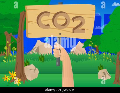 Hand holding up a banner with CO2 text. Showing billboard banner, sign ...