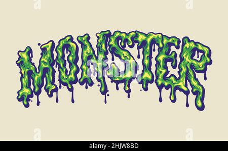 Melted word monster hand lettering text monochrome vector illustrations ...