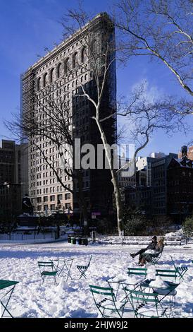 Madison Square Park after a winter storm: park employee removing snow ...