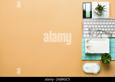 Different gadgets on color background Stock Photo - Alamy