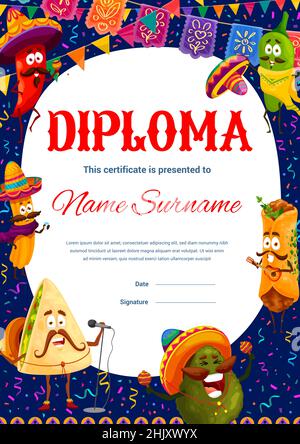 Kids diploma. Cartoon mexican food pirate corsair characters. Child ...