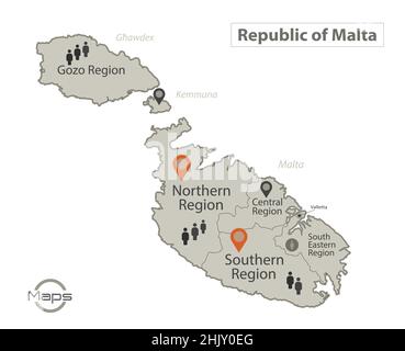 Infographics Malta regions map with names, flat design colors, blue ...