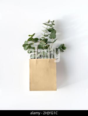 Craft bag with wintertime eucalyptus twigs. Copy-space on brown ...
