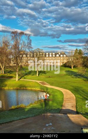 Gleneagles Hotel, Gardens, path past lake, pond, looking to Hotel ...
