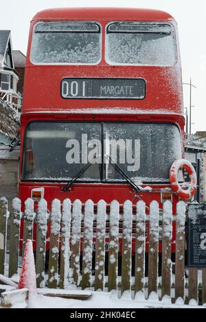 The Bus Café by Margate main sands in the snow, Margate, Kent Stock ...