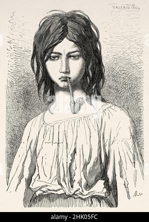 Portrait of gypsy girl smoking a tobacco pipe, Essek zingara, Slavonija ...