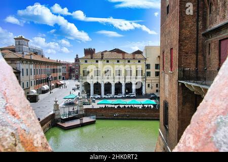 Panoramic view of the main square of Ferrara from the balcony of the ...