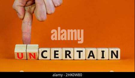 Certain or uncertain symbol. Businessman turns wooden cubes and changes ...