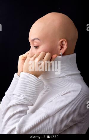 Bald female posing for images supporting Cancer Awareness or alopecia ...