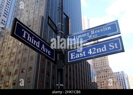 Blue East 42nd Street and Third 3rd Ave historic sign in midtown ...