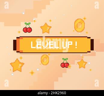 8bit game level up pixel screen. Retro arcade user interface mosaic ...