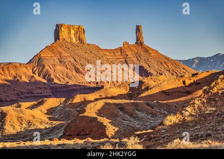 USA, Utah, Moab. Parriott Mesa rises over Castle Valley community near ...