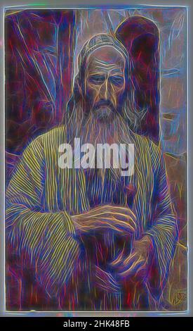 bearded man in jesus robe holding wooden cane while putting hand on ...