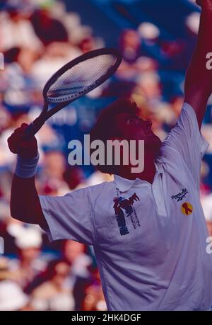 U.S. tennis player Todd Martin watches the ball before returning a ...