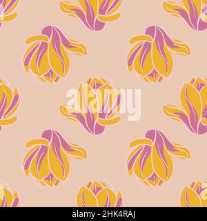 Pale pink magnolia flowers seamless pattern in hand drawn style ...