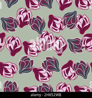 Pale pink magnolia flowers seamless pattern in hand drawn style ...