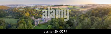 Aerial view of Berry Pomeroy Castle on a misty autumnal morning, Devon ...