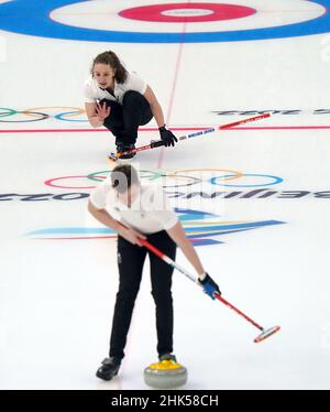 Great Britain's Bruce Mouat (centre) during the Men's Curling gold ...
