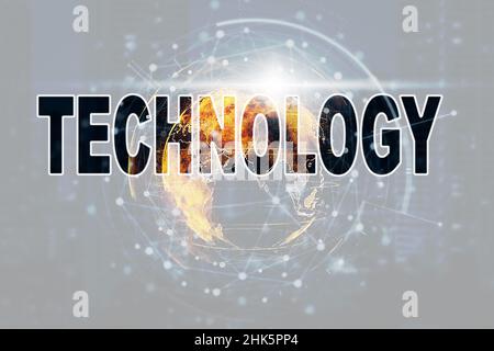 particle earth with technology network circle over Chicago cityscape ...