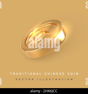 Traditional Chinese golden coin with hole with square shape in cartoon style with outlines ...