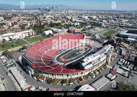 An aerial view of the temporary asphalt racetrack at the Los Angeles ...
