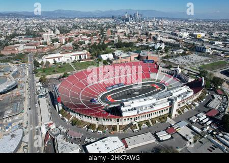 An aerial view of the temporary asphalt racetrack at the Los Angeles Memorial Coliseum for the ...
