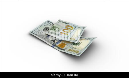 3D rendering of Double 100 US dollar notes with shadows on white ...