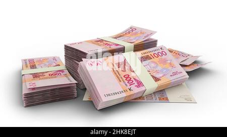 3D Stack of 1000 CFA Franc notes isolated on white background Stock ...
