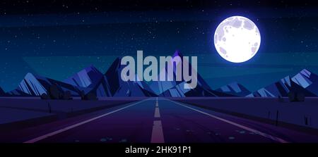 Night mountain road perspective. Vector cartoon illustration of ...
